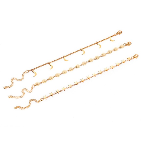 Jewelry | Sparkling Gold 3 Piece Moon Star And Leaf Anklet Simple ...